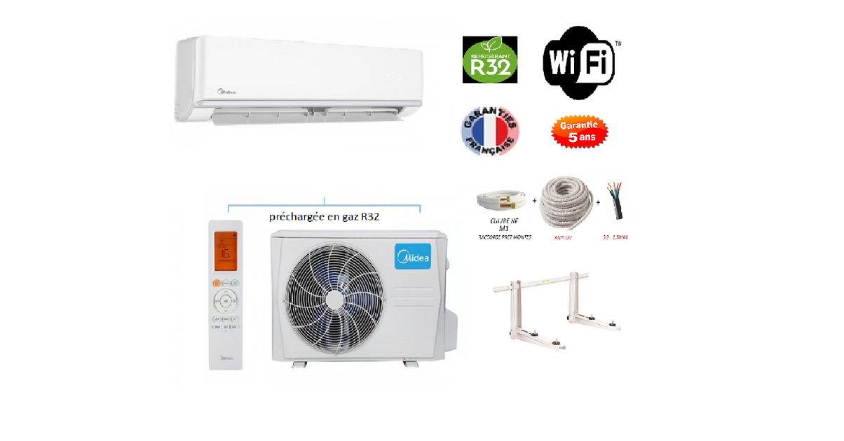 Pack Climatiseur réversible Mono-split MIDEA ARUM A++ 5000w 50m2 + kit 7 mètres de pose complet ...